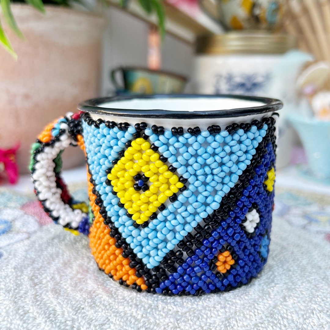 Tribal Enamel Blue Red Multi Color Beaded Mug African Zulu Beaded Cup ...