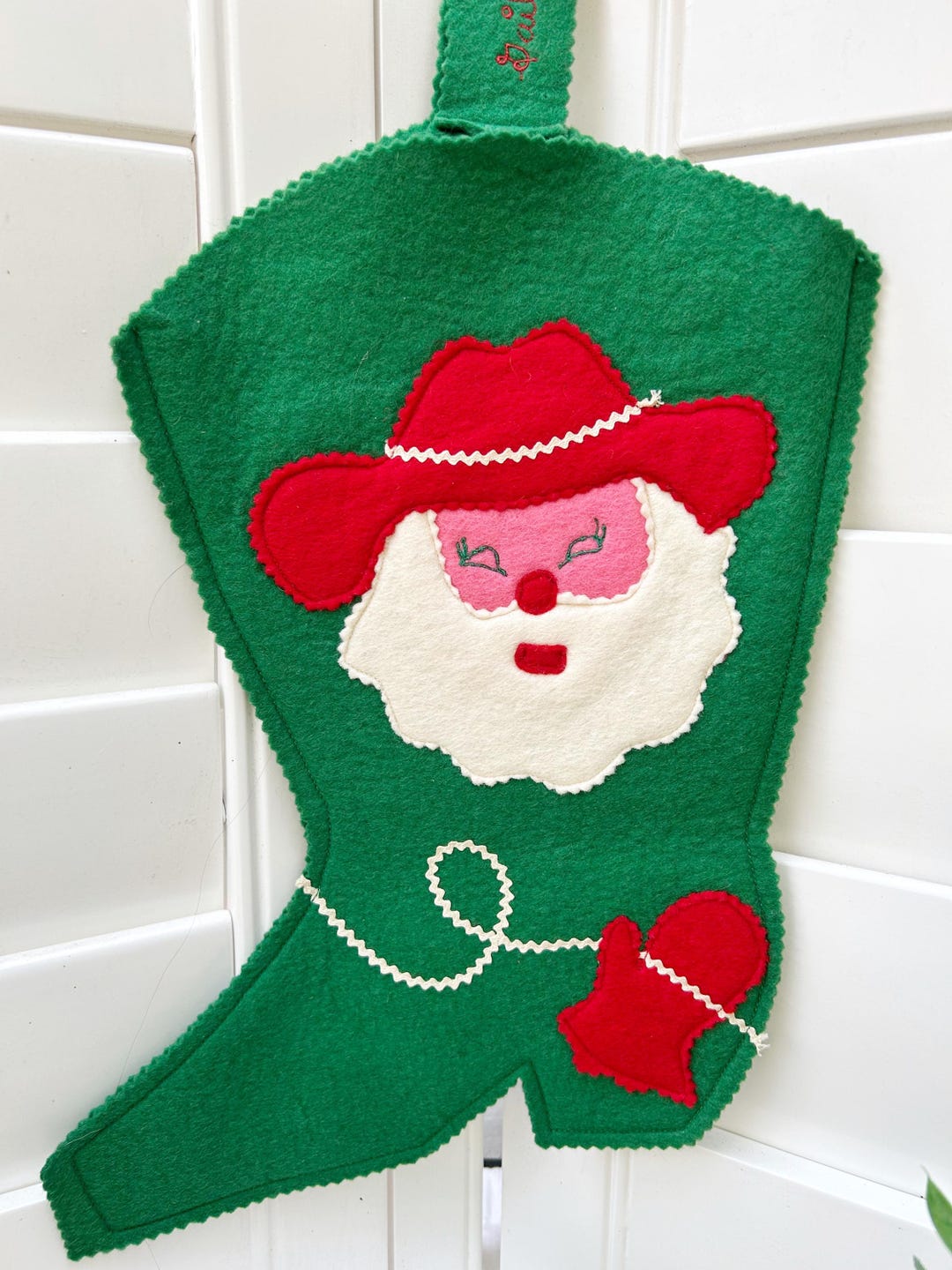 Vintage Santa Cowboy Boot Felt Christmas Stockings Midcentury Handmade ...