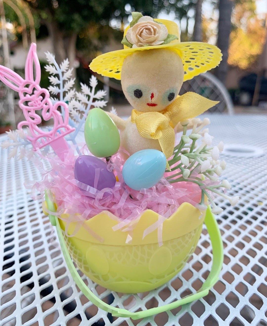 Vintage Easter Spring Chick Bird Holiday Decor Plastic Flower Flocked ...