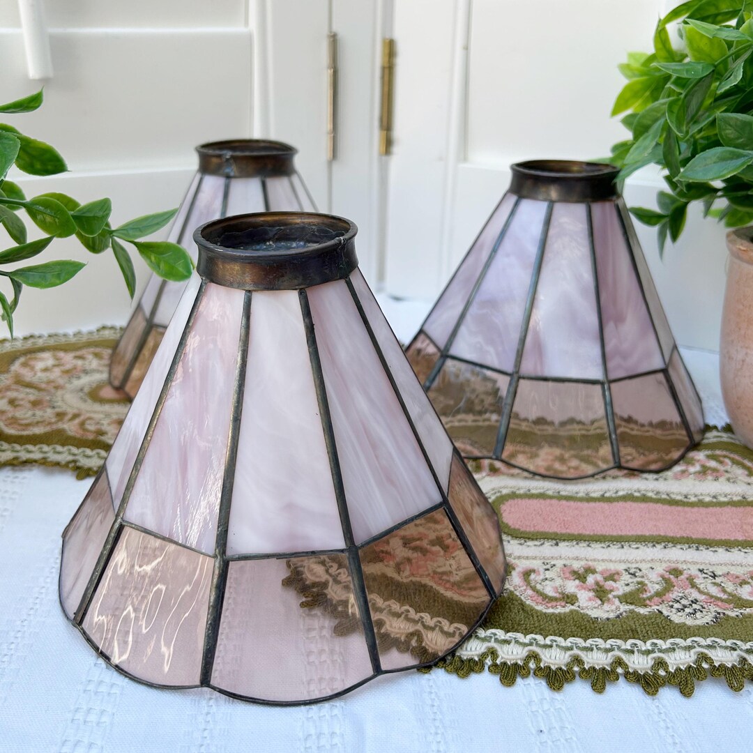 Vintage Stained Slag Glass Leaded Lamp Shades Light Cover Pink Lot of 3 ...