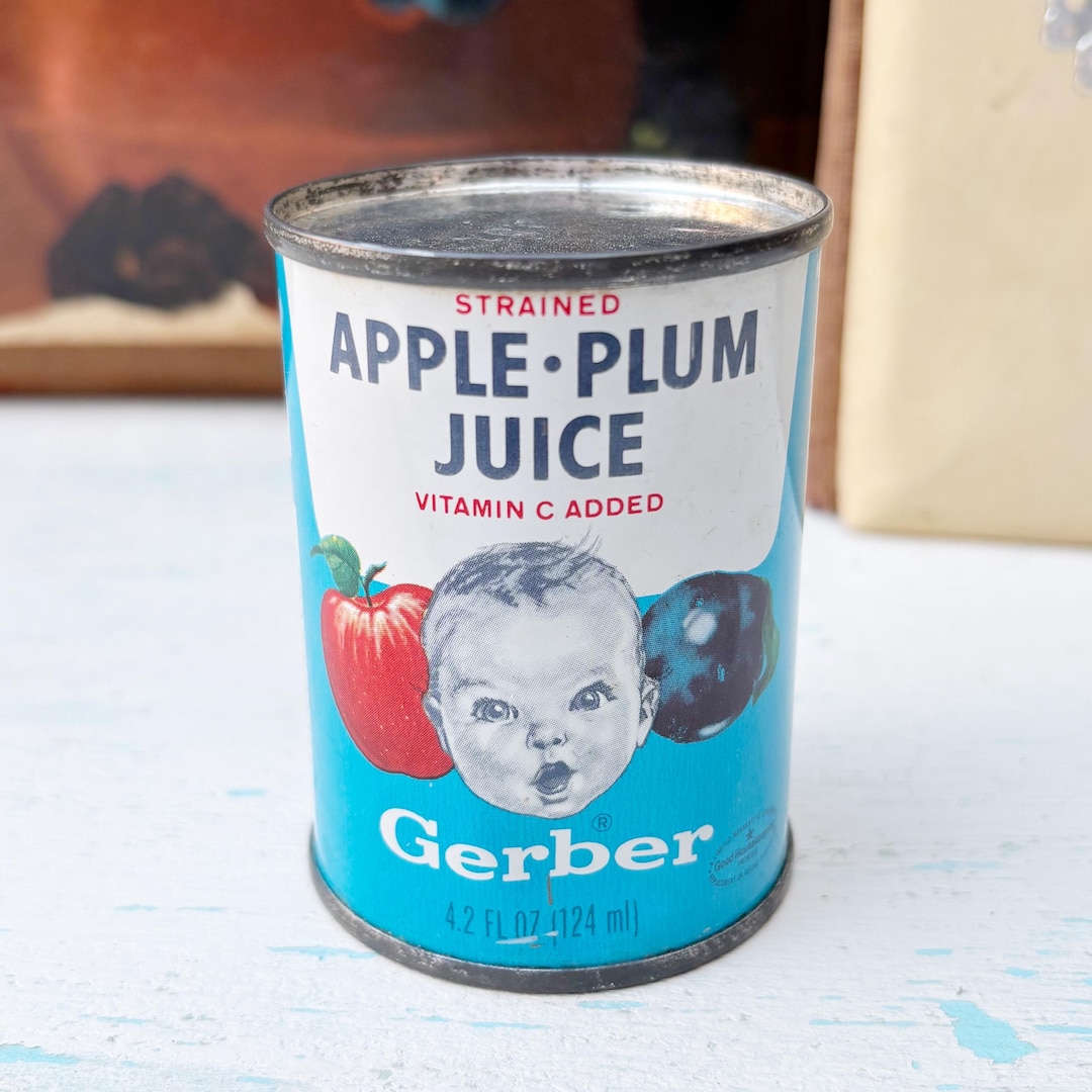 Vintage Gerber Apple Plum Juice Toy Metal Can Tin Decor Display Kitchen ...