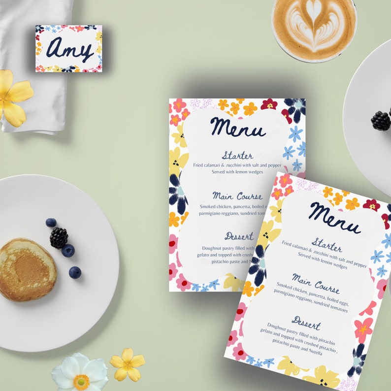 Abstract Floral Menu & Name Card Template - Etsy