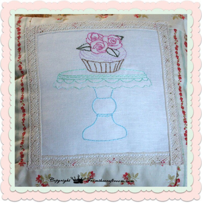 Cake Stand with Cupcake topped with roses Hand embroidery | Etsy