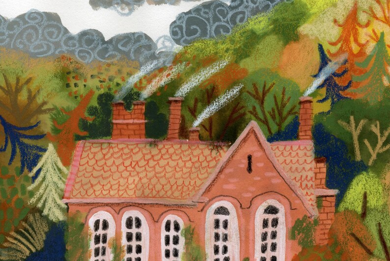 Autumn Cottage Art Print: Hand-drawn Fall Landscape, Warm Colors - Etsy