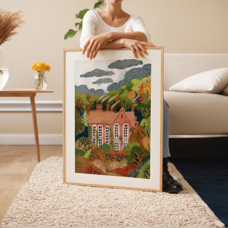 Autumn Cottage Art Print: Hand-drawn Fall Landscape, Warm Colors - Etsy