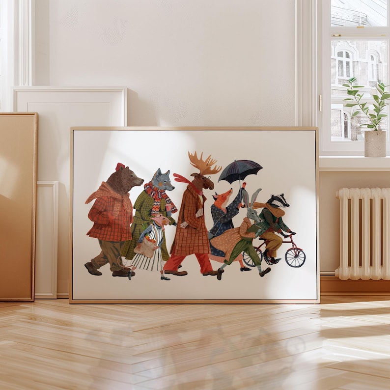 Animal Parade Art Print Kids Wall Art Gift for Children Hand Drawn ...