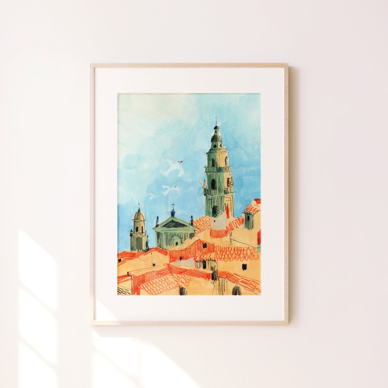 Original Art Print of Menton City Skyline | Gouache and Pencil Artwork ...