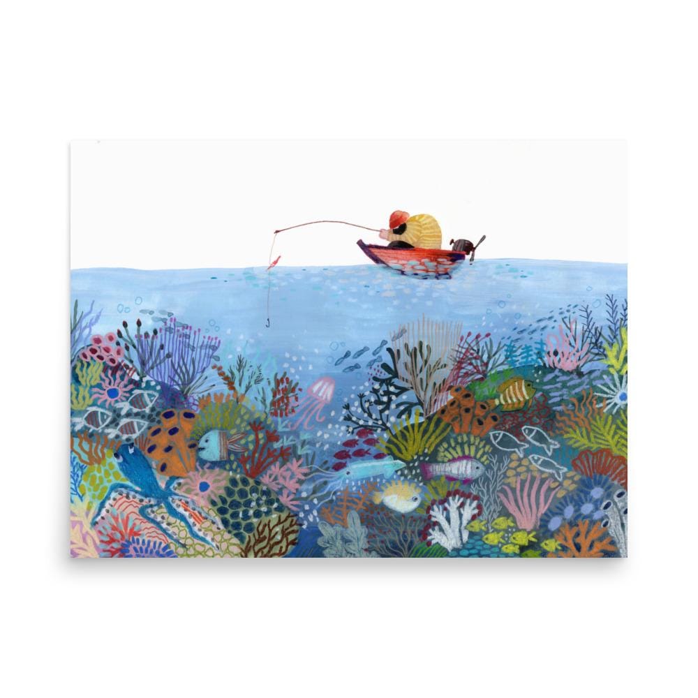 Whimsical Fishing Art Print – Ocean Coral Reef, Kids Room Decor - Etsy