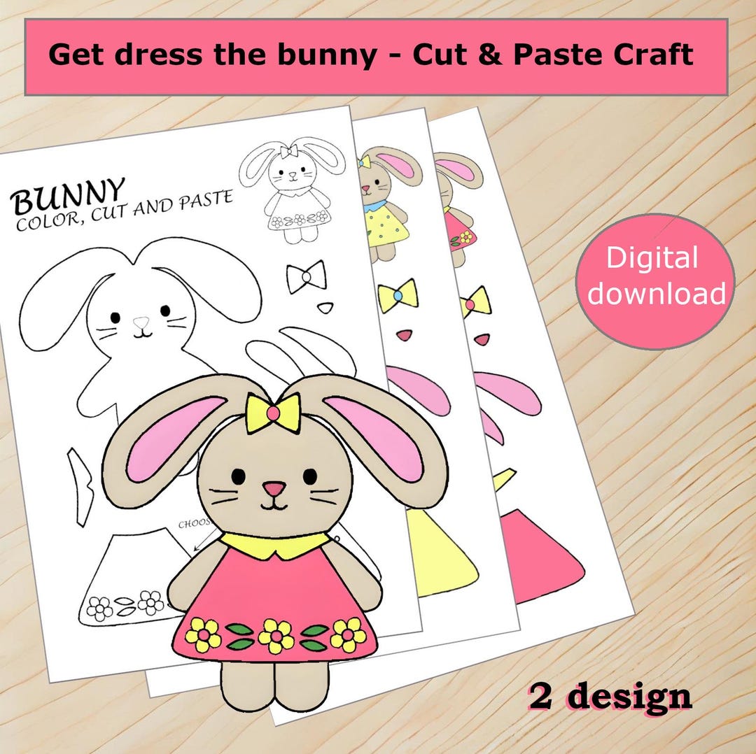 Coloring, Cut and Paste Craft, Dress up the Bunny PDF Printable With 2 ...