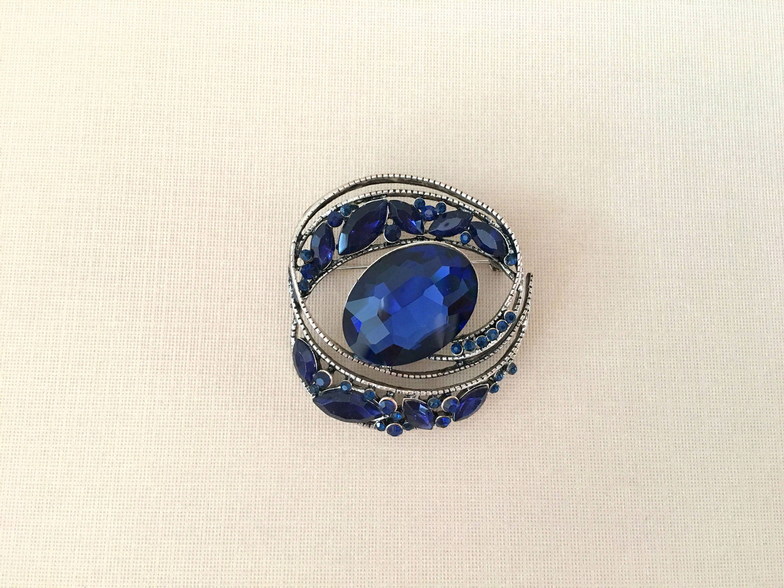 Navy Blue Rhinestone Brooch Pin. SLIGHT SECONDS JEWELRY*.