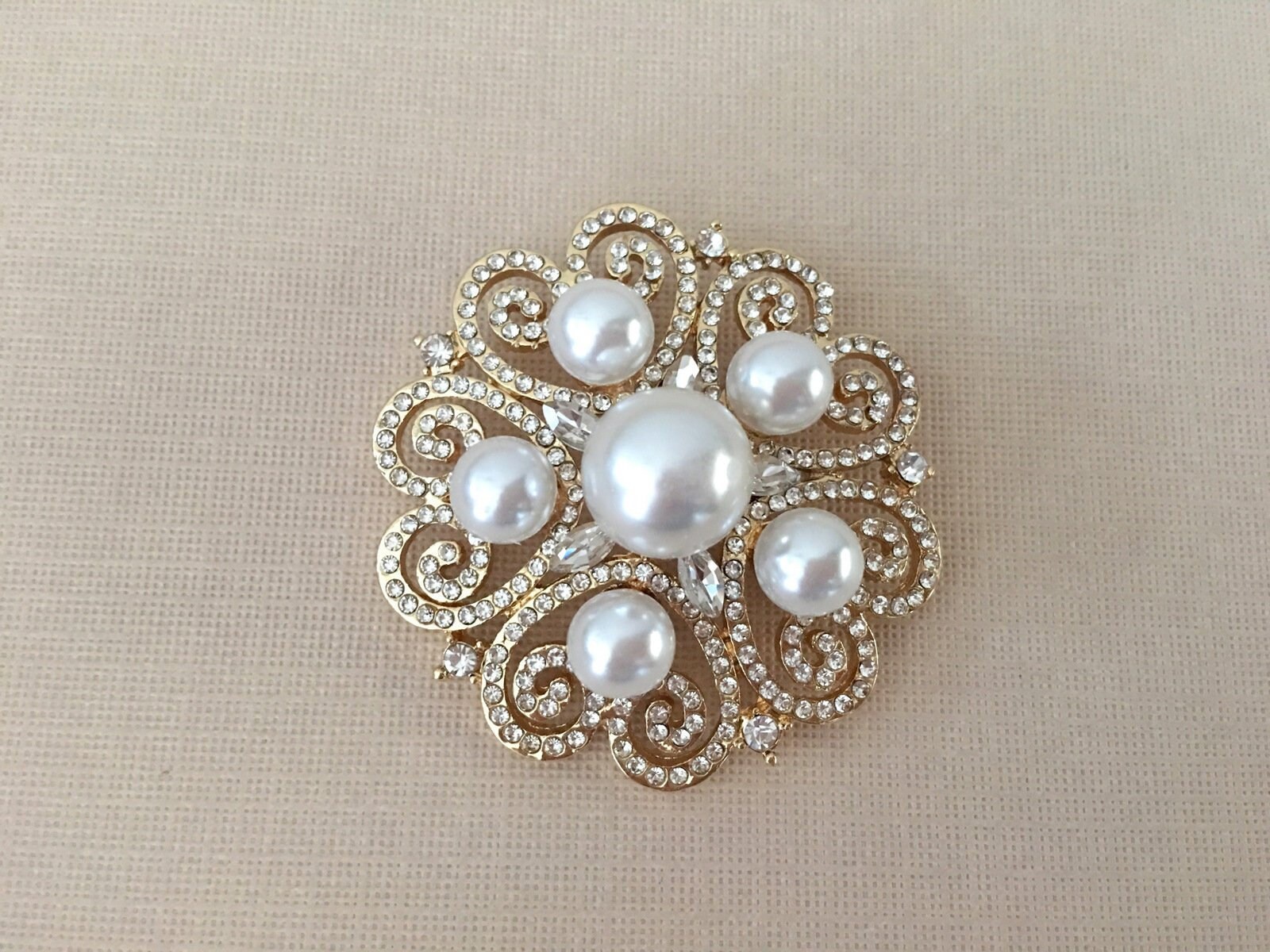 Gold Pearl Rhinestone Bridal Brooch Pin