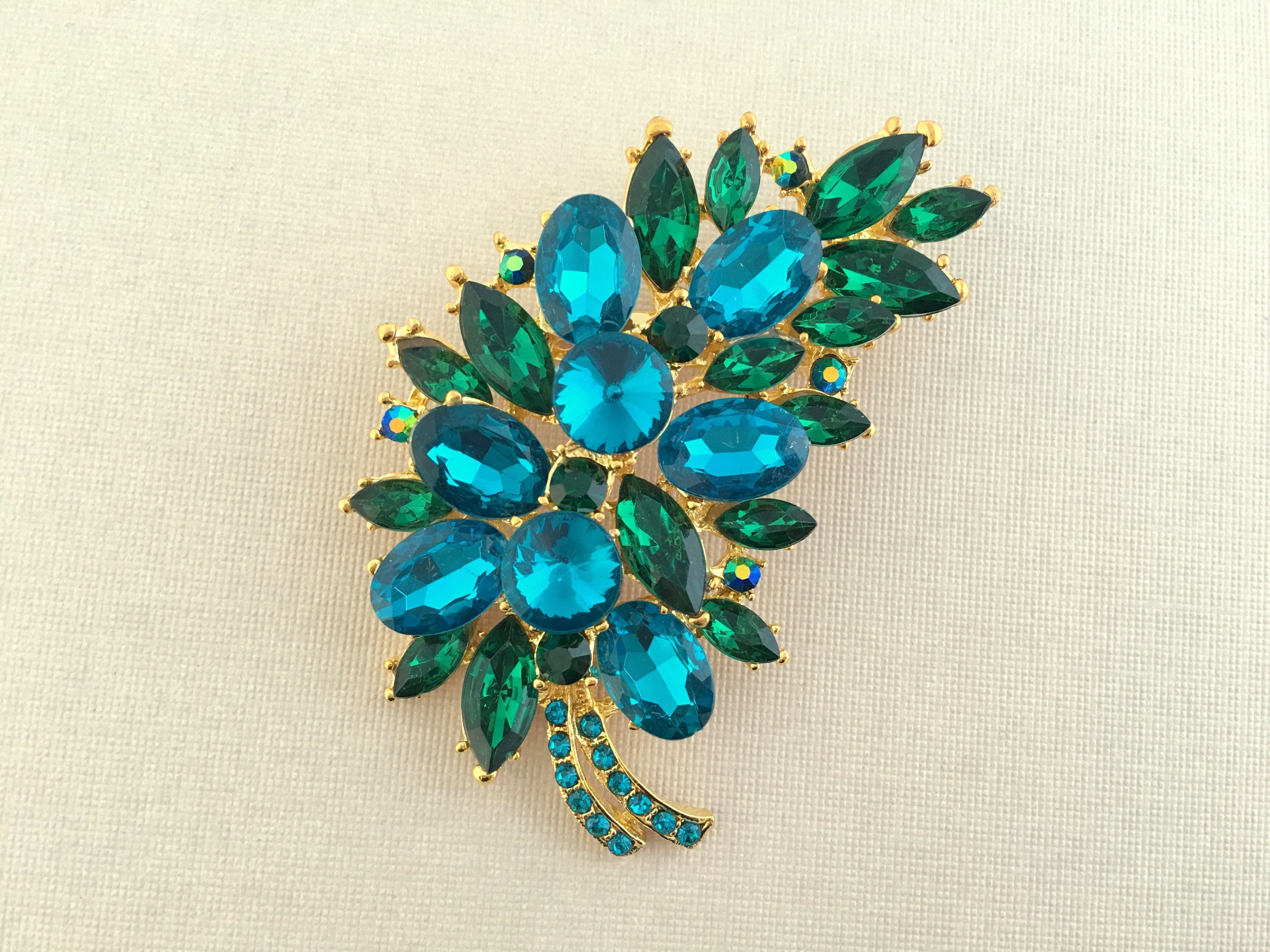 Emerald Green & Teal Rhinestone Brooch Pin