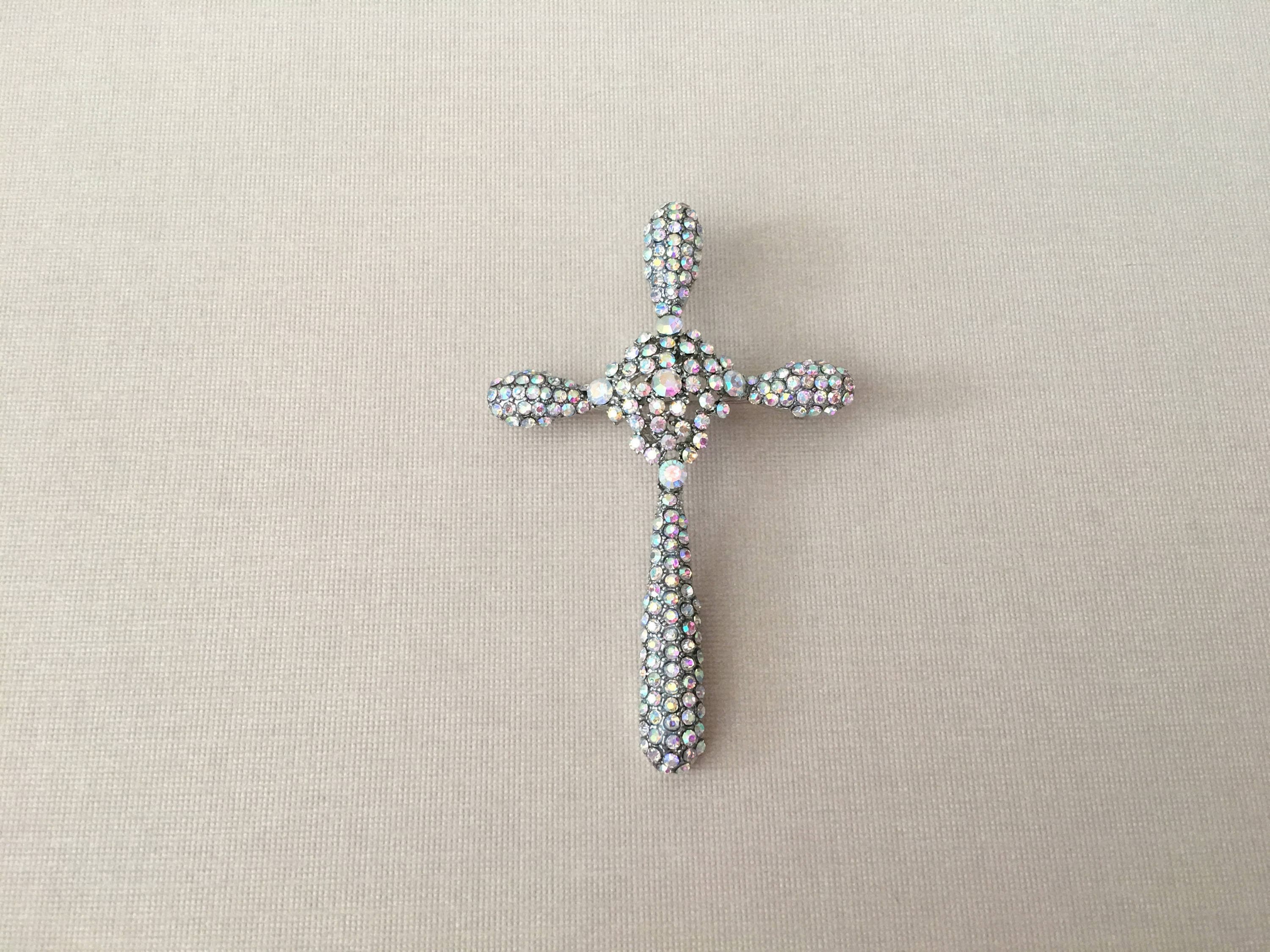 Aurora Borealis Rhinestone Cross Brooch Pin