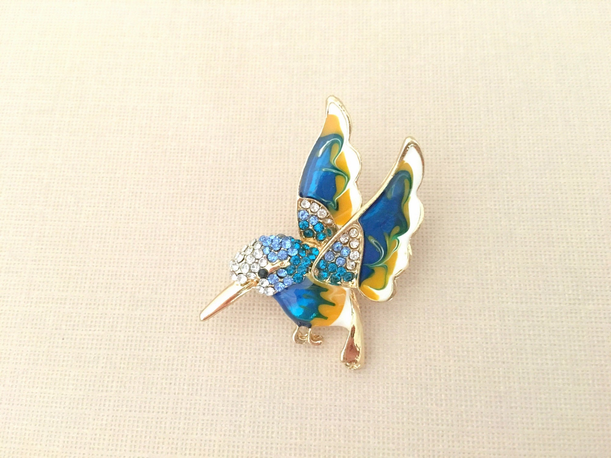 Blue Enamel Hummingbird Brooch Pin