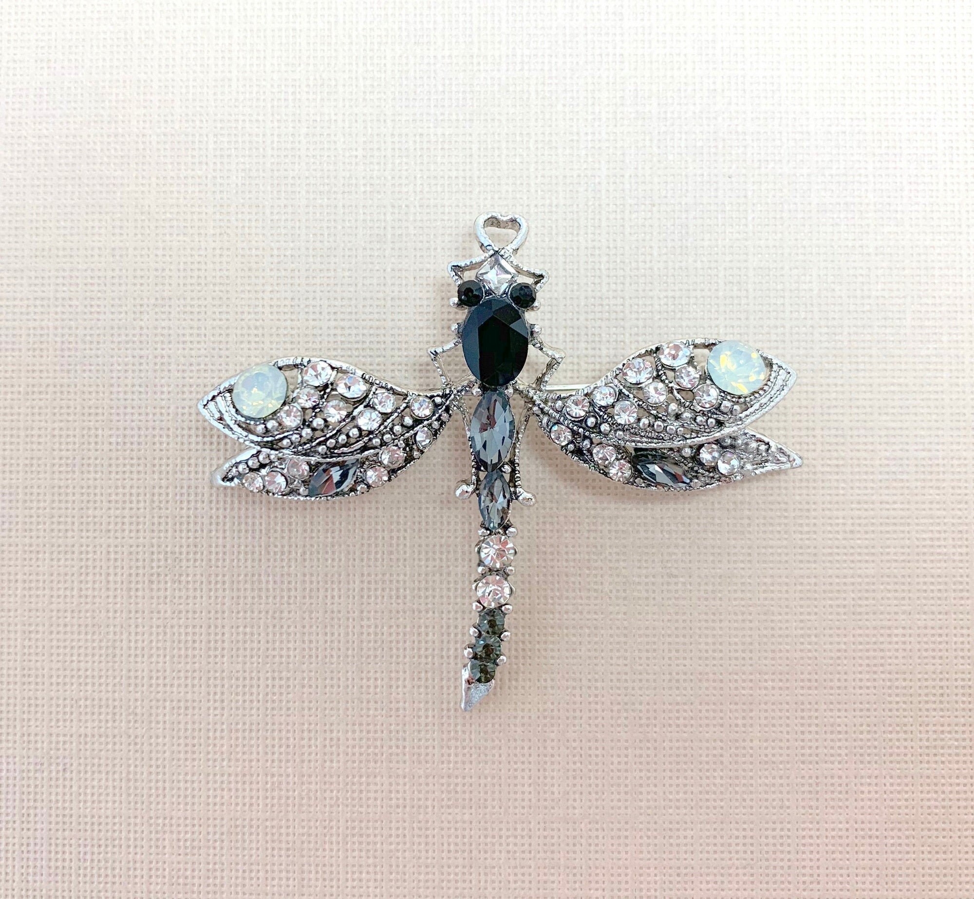 Black Rhinestone Dragonfly Brooch Pin
