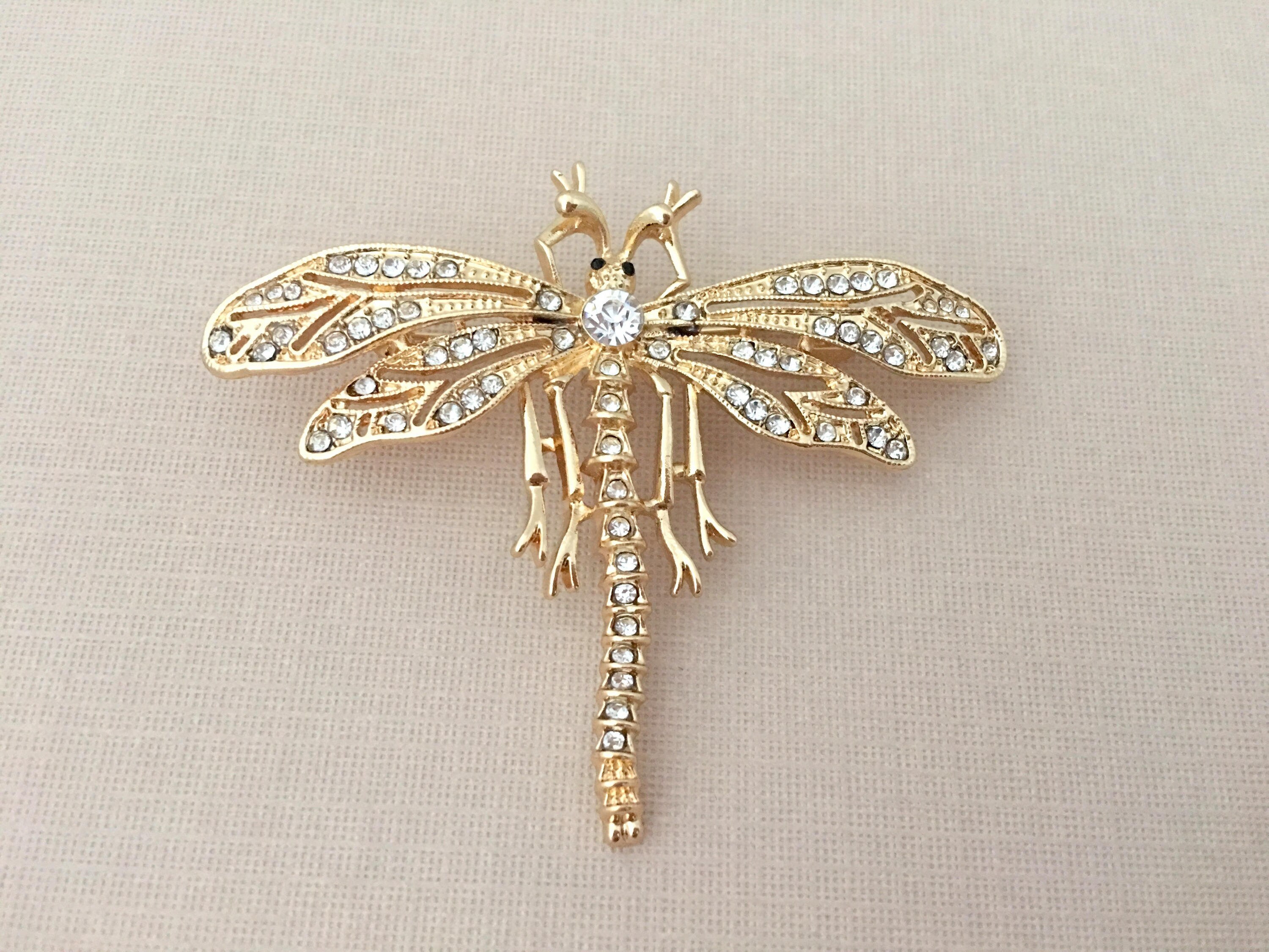 Gold Dragonfly Rhinestone Brooch Pin