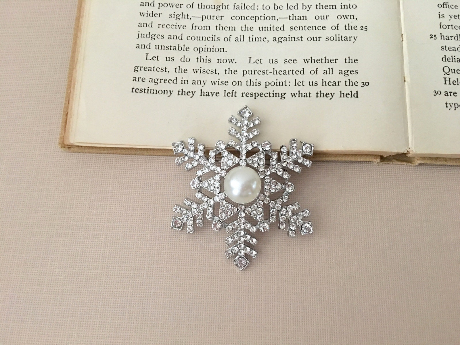 Pearl, Rhinestone, & Platinum Snowflake Brooch Pin