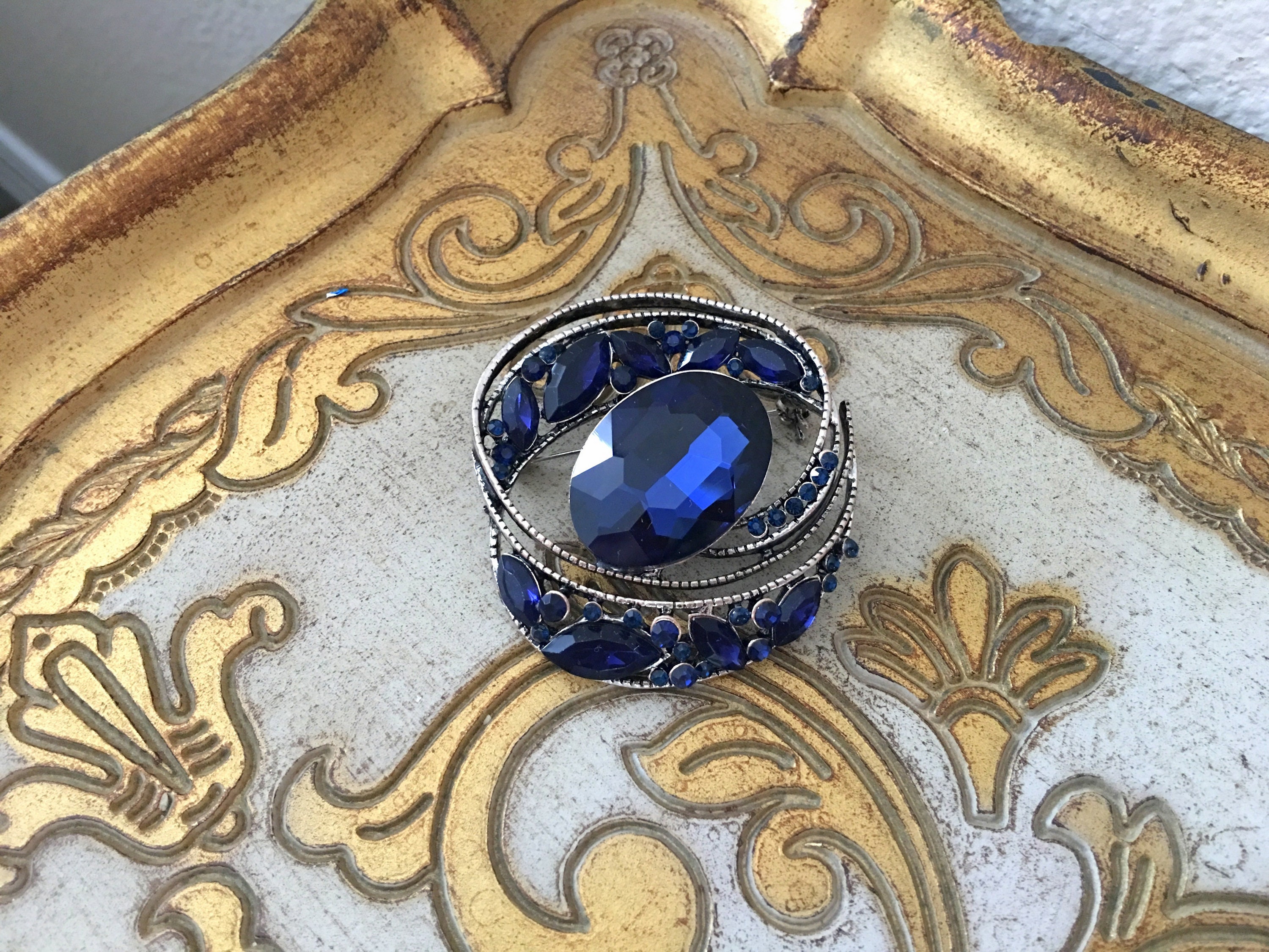 Navy Blue Rhinestone Brooch Pin