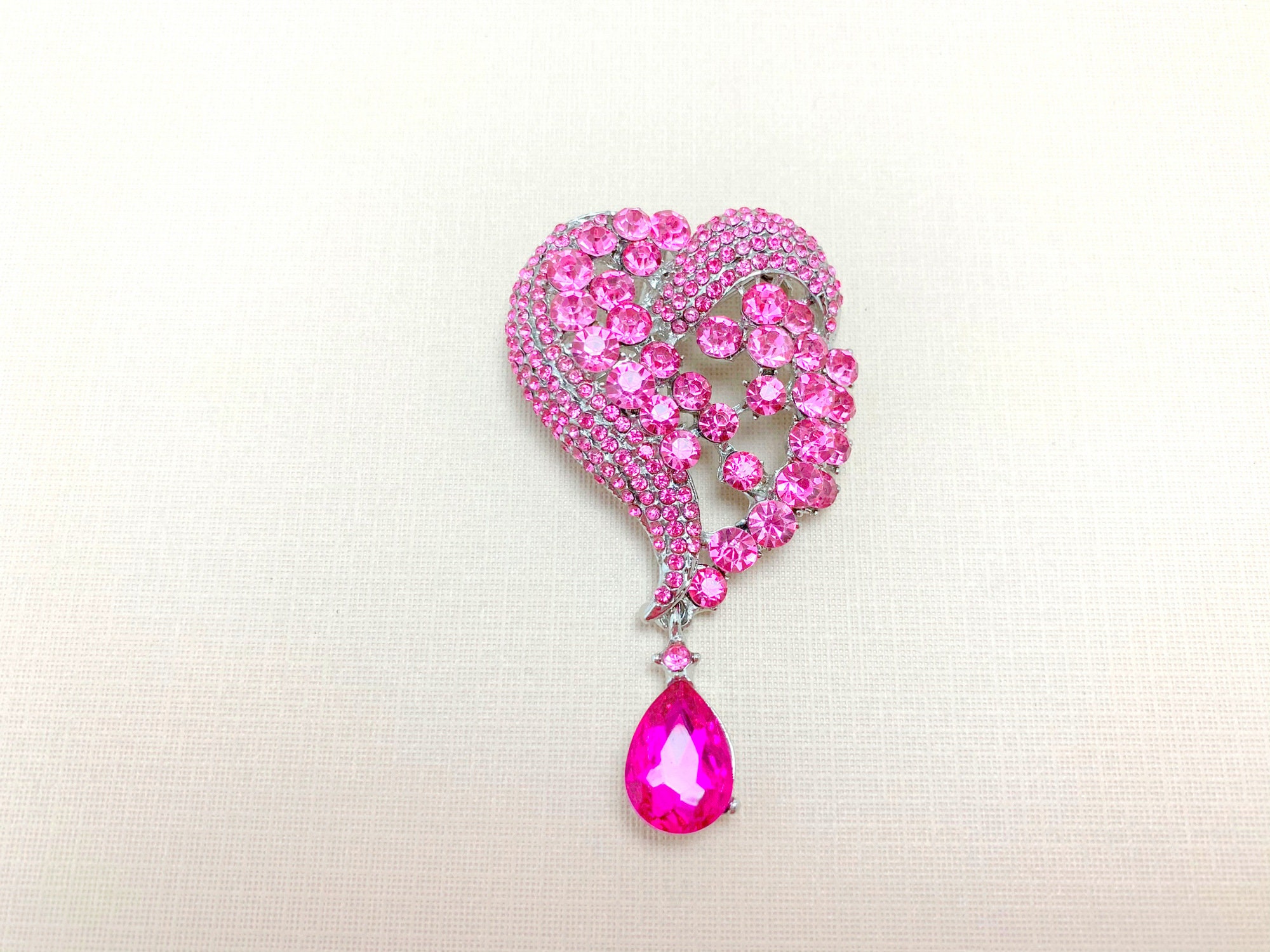 Large Pink Heart Rhinestone Brooch Pin