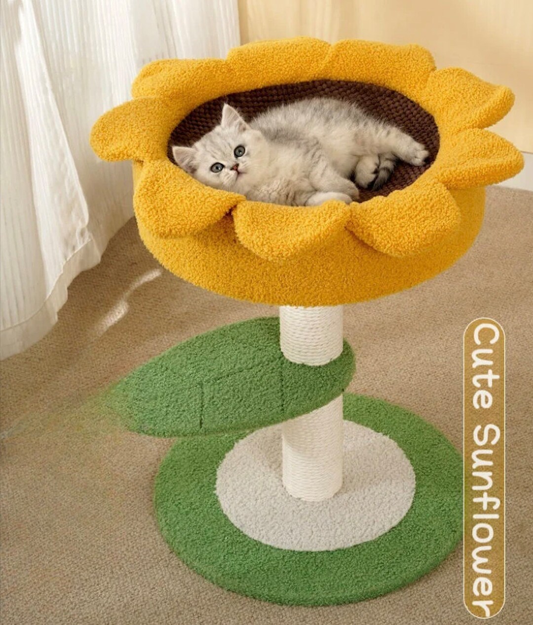 Sunflower Cat Treewooden Floral Cat Tower Sisal Rope For Column