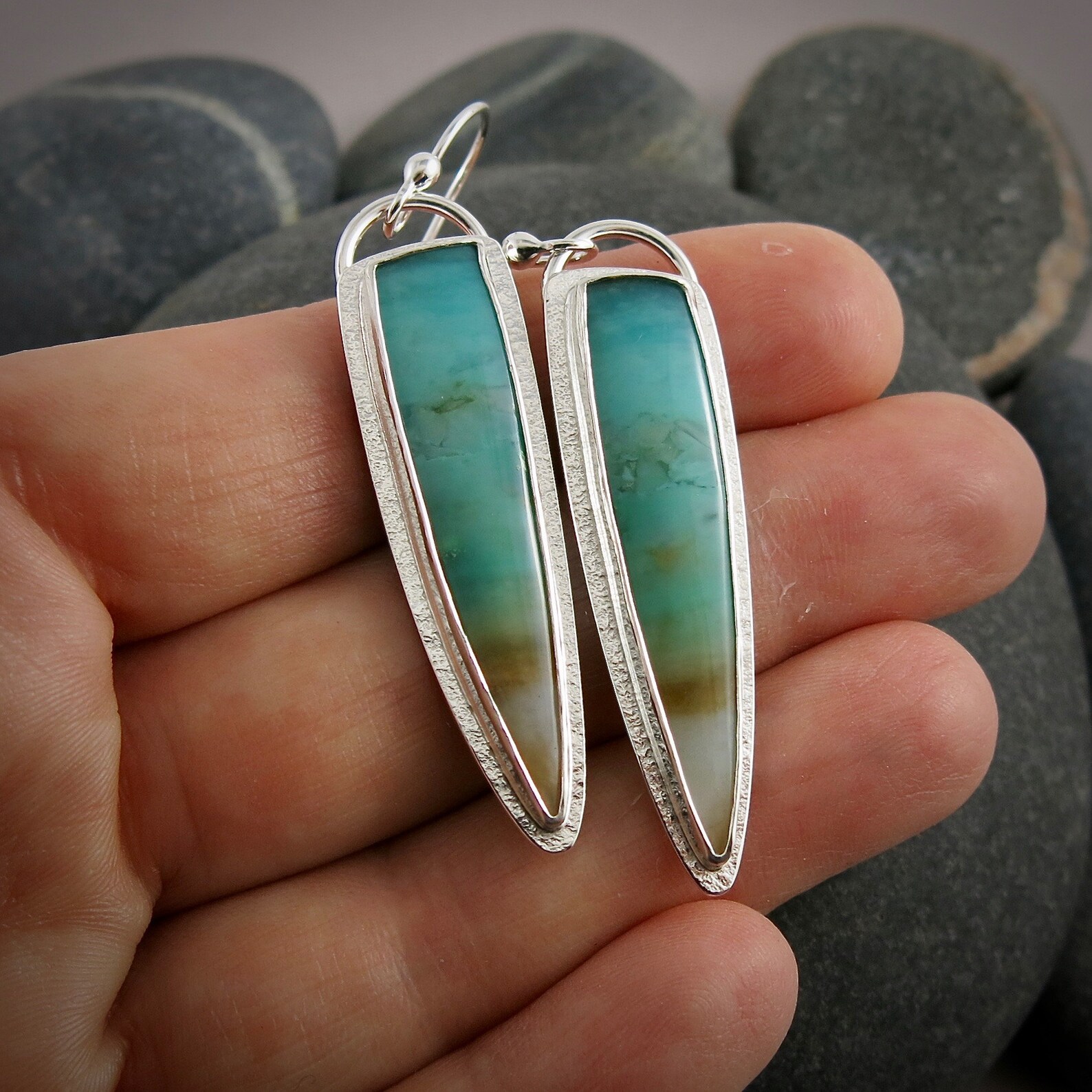 Blue Opalized Fossil Wood Earrings 925 Sterling Silver Exquisite Fossil ...