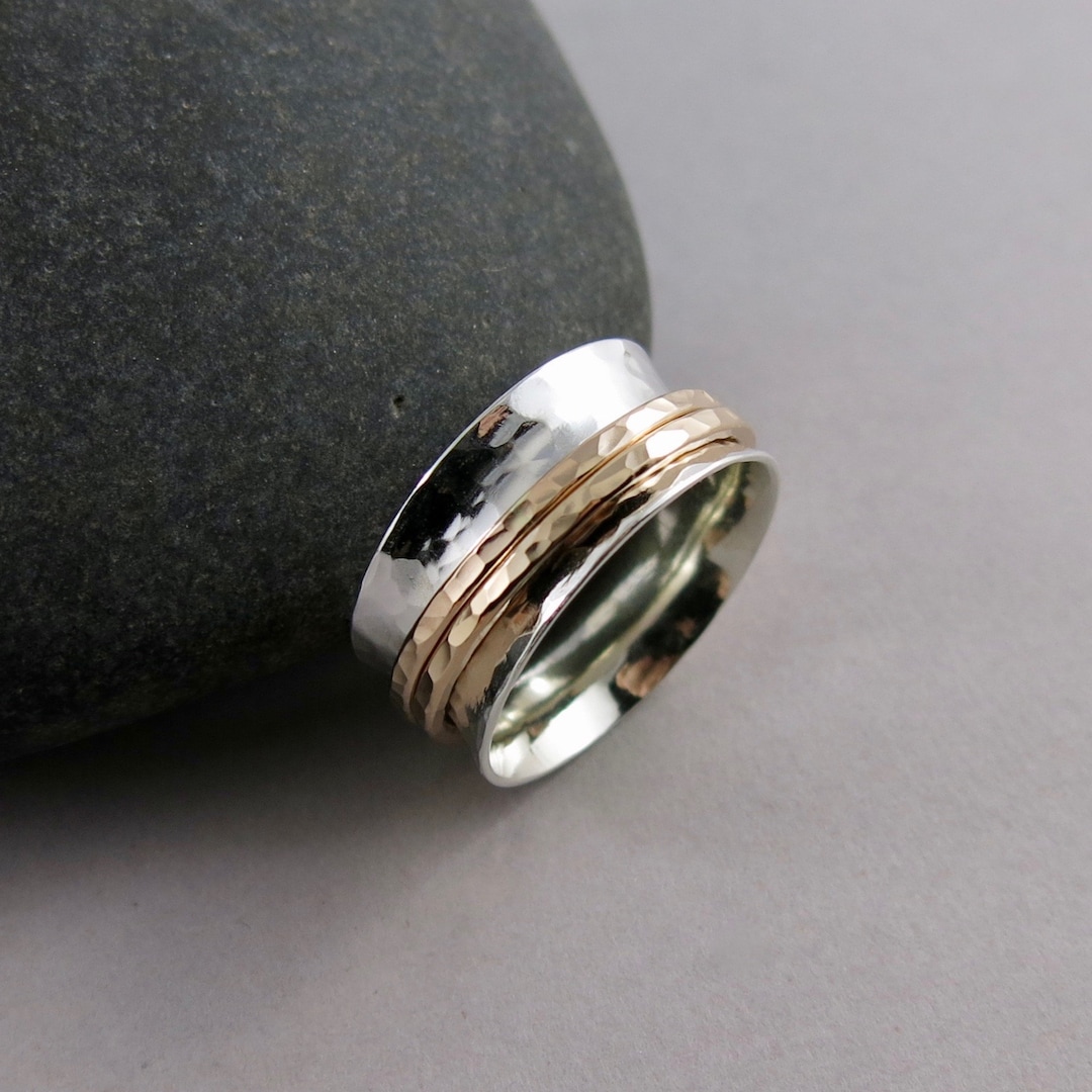 Hammered Sterling Silver Meditation Ring • Gold Filled Spinner Band ...
