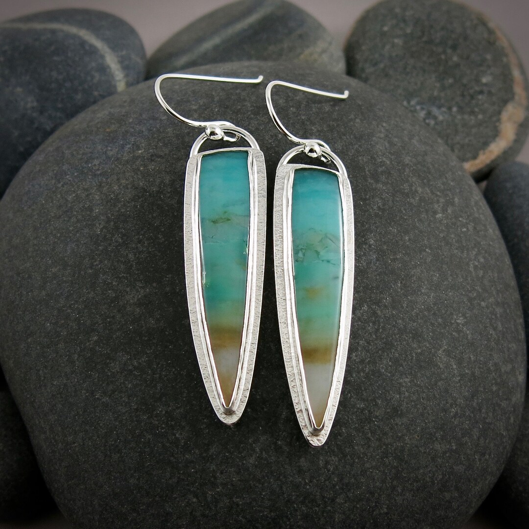Blue Opalized Fossil Wood Earrings 925 Sterling Silver Exquisite Fossil ...