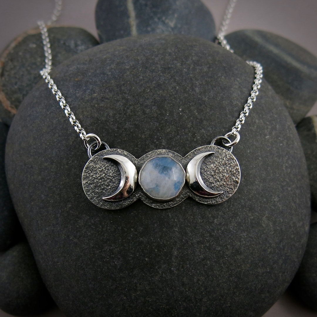 Silver Crescent Moon Phase Pendant With Rose Cut Rainbow Moonstone Moon ...
