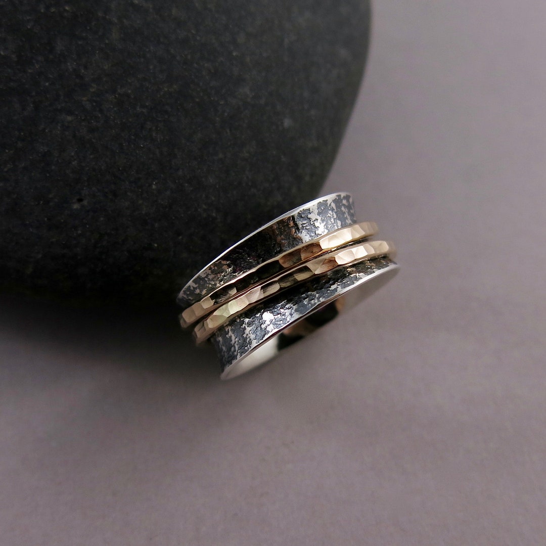 Striped Sterling Silver Meditation Ring • Gold-filled Spinner Bands ...