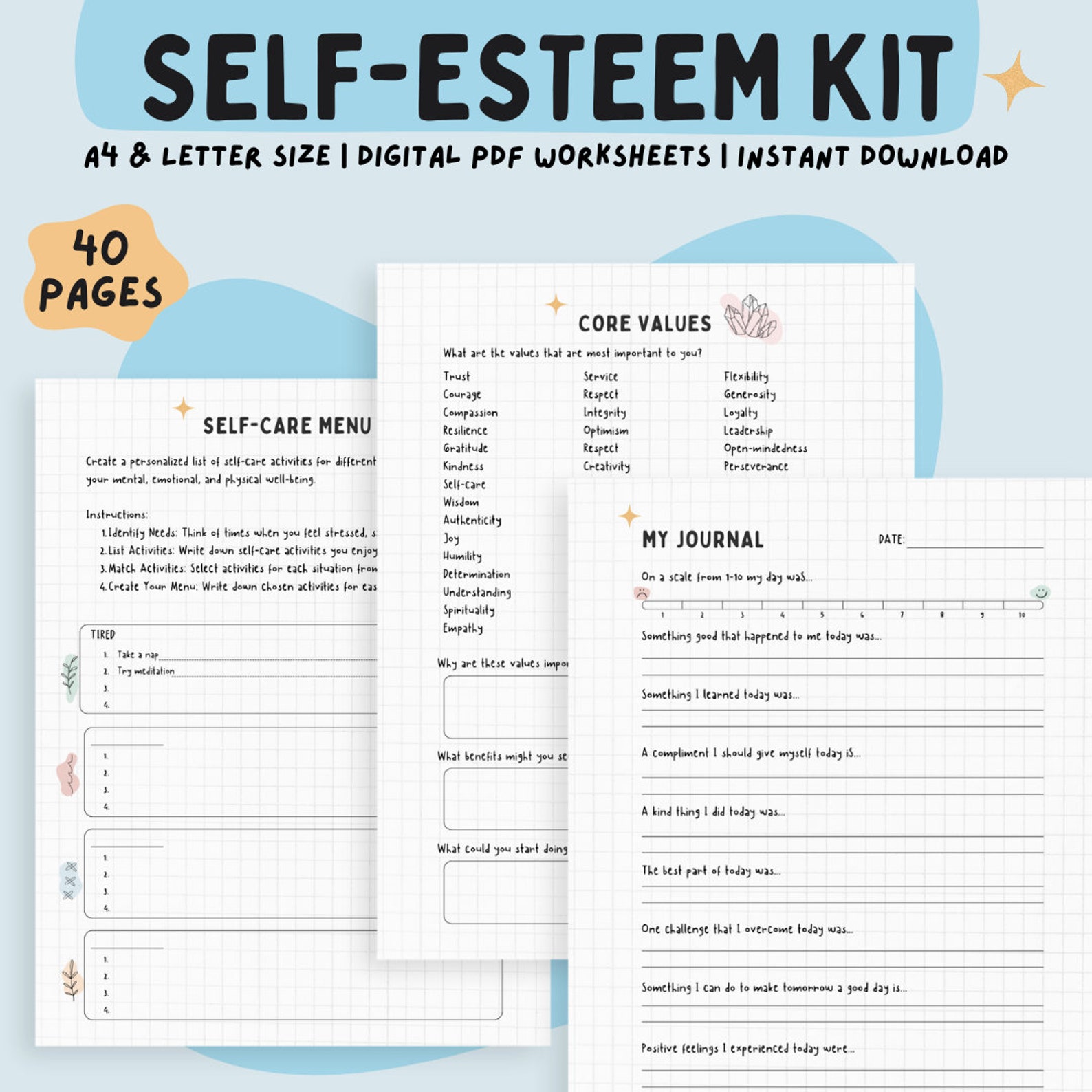 Self Esteem Worksheets Bundle, Therapy Worksheets Kit, Self Care ...