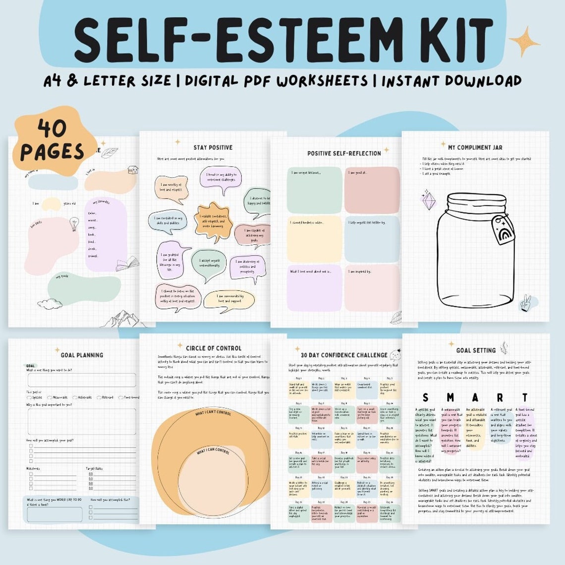 Self Esteem Worksheets Bundle, Therapy Worksheets Kit, Self Care ...