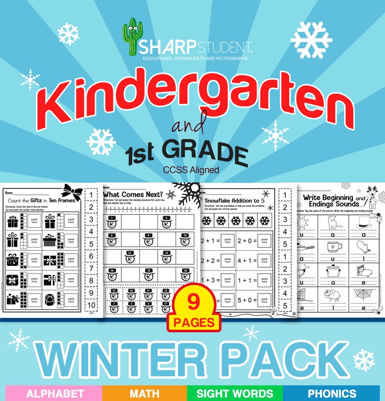 Kinder and 1st Grade Winter Christmas Holiday Worksheet Packet Set - 9 ...