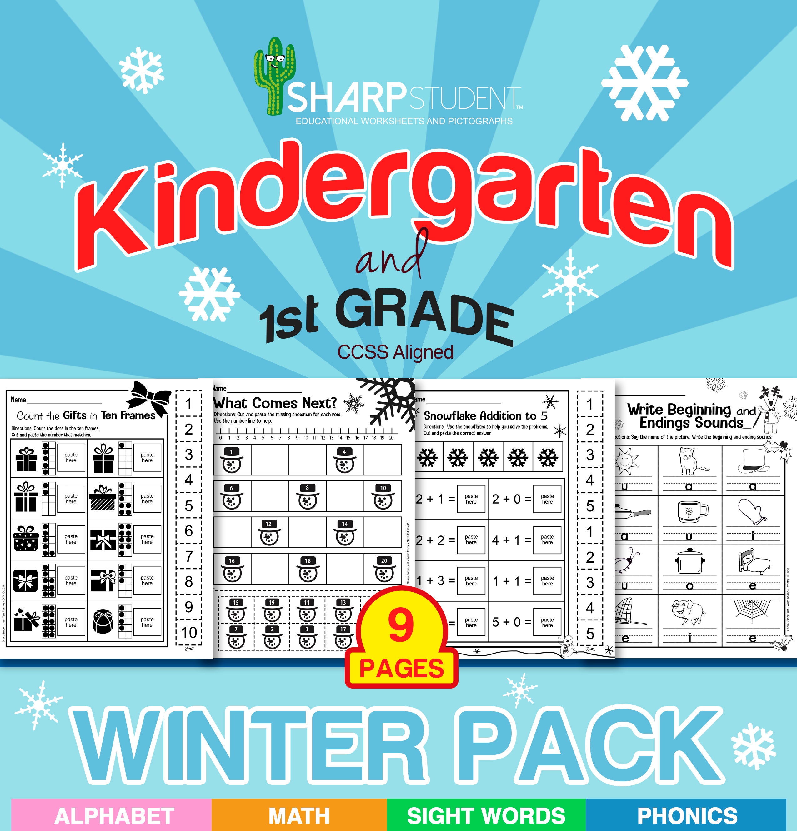 Kinder and 1st Grade Winter Christmas Holiday Worksheet Packet Set - 9 ...