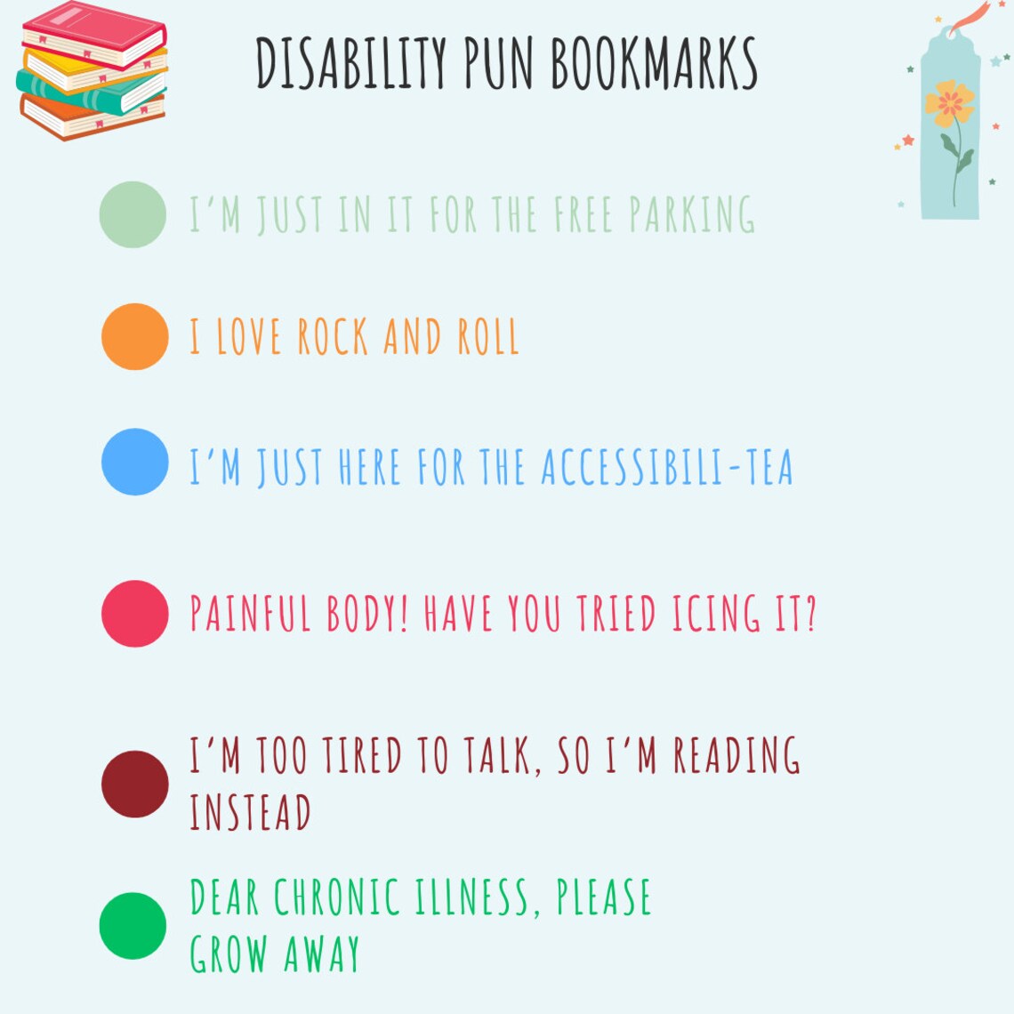 6 Disability Puns, Printable Bookmarks, Digital Download Bookmark JPG ...
