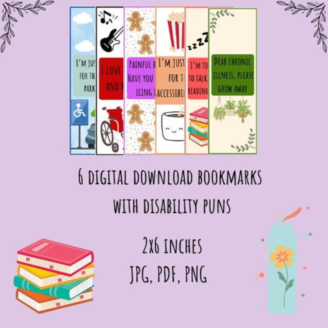 6 Disability Puns, Printable Bookmarks, Digital Download Bookmark JPG ...