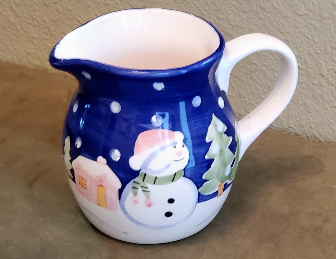 Hand Painted Ceramic Pitcher With Winter Snowman Vase - Etsy