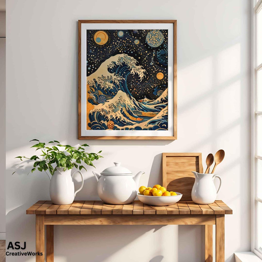 Yayoi Kusama Wave Wall Art, Japandi Cosmic Ocean Home Decor, Blue ...