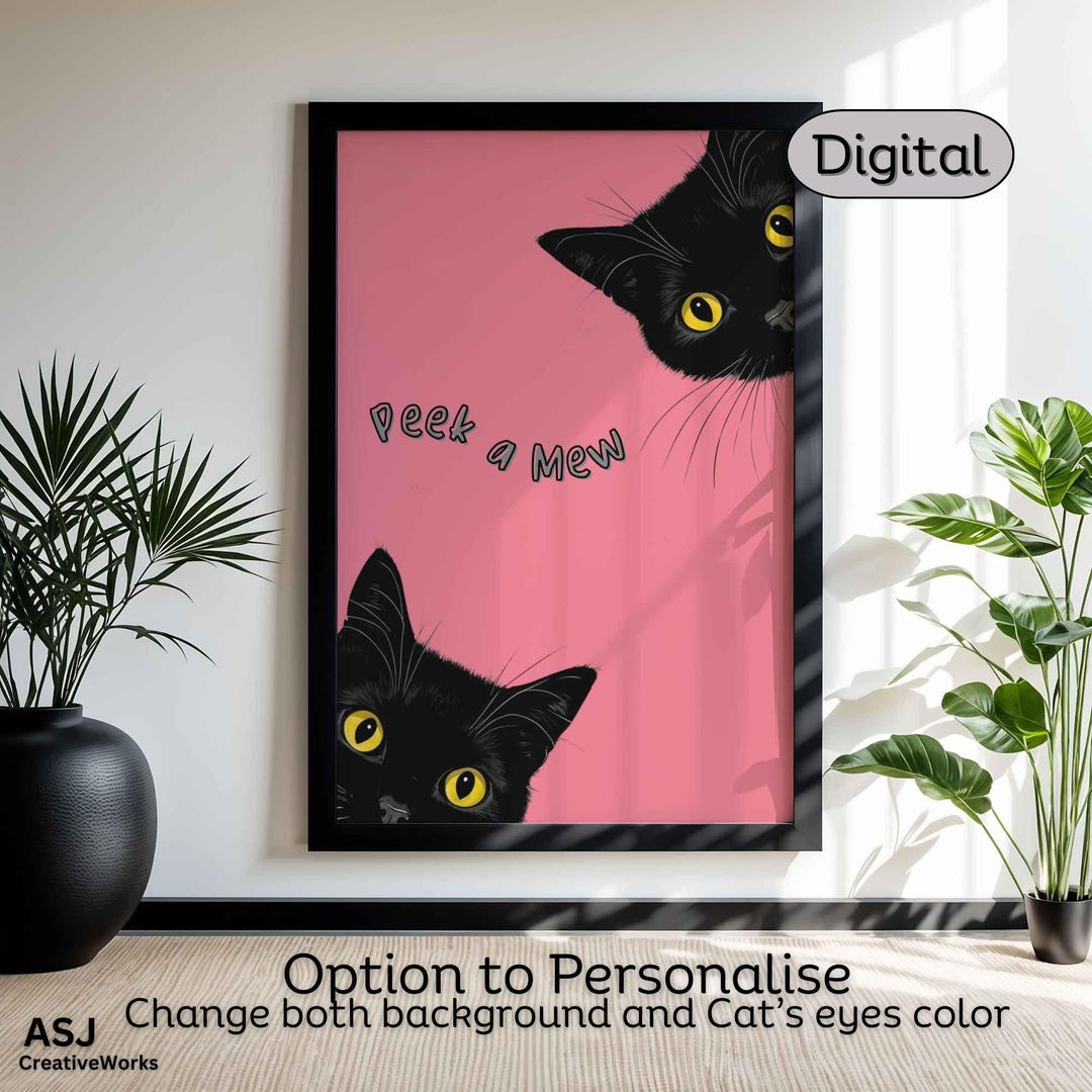 Peeking Black Cat Wall Art Print, Pink Peek a Mew Cute Cat Poster ...