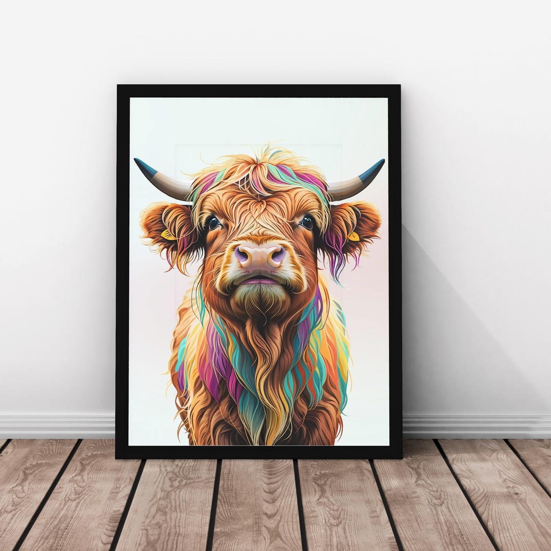Highland Cow Print, Multicolour Line Art Watercolour Drawing, Fun ...