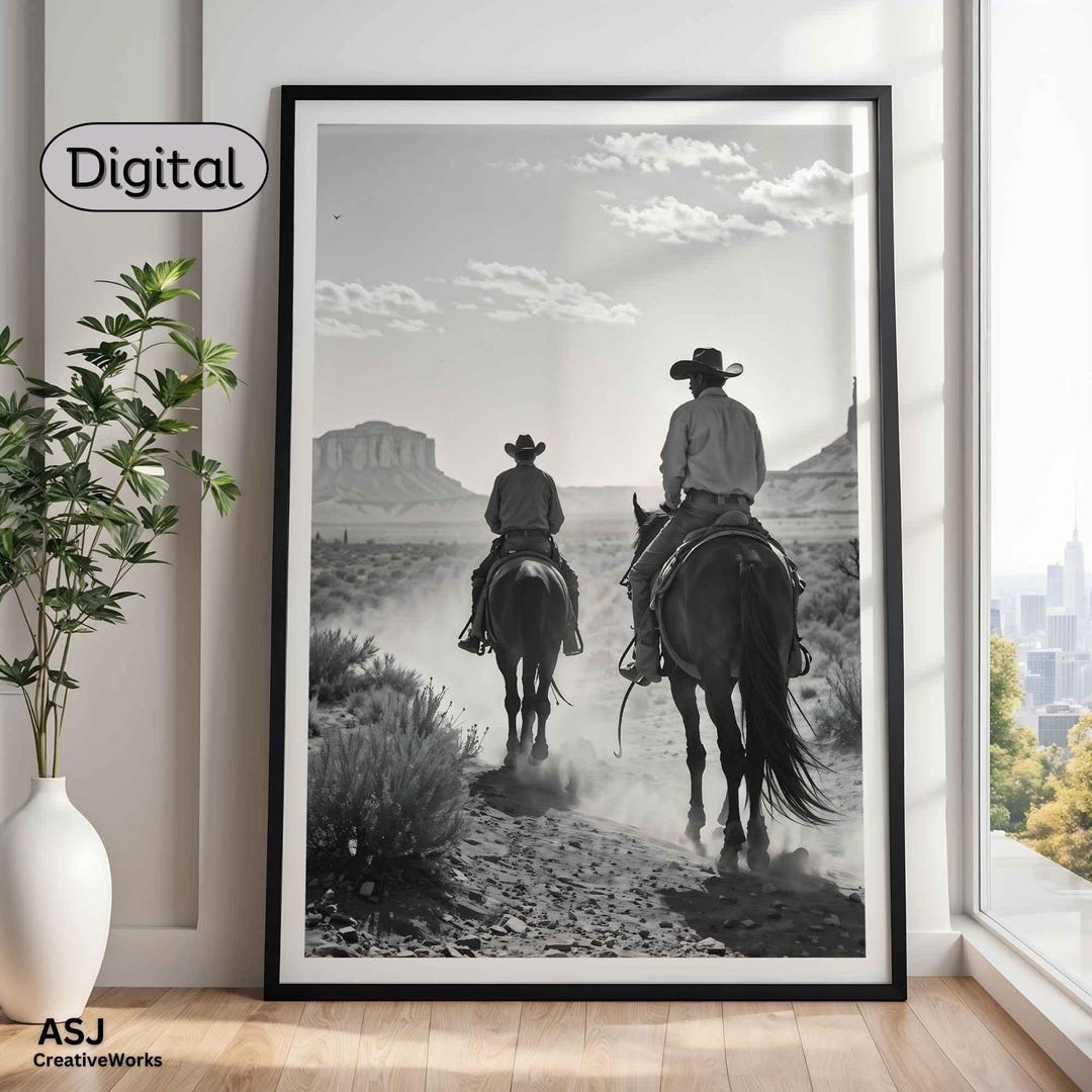 Western Cowboy Poster, Black & White Digital Print, Rustic Desert Wall ...