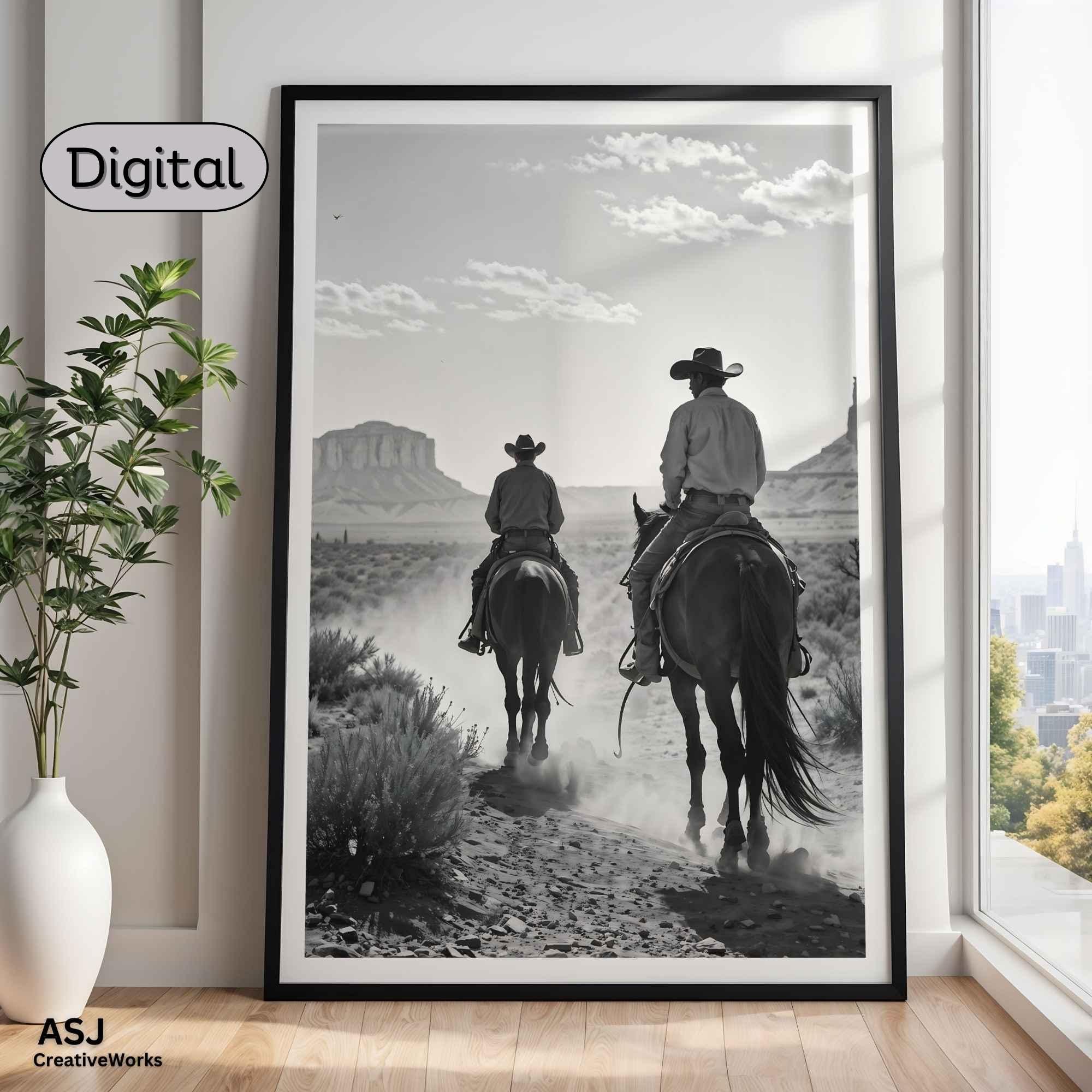 Western Cowboy Poster, Black & White Digital Print, Rustic Desert Wall ...