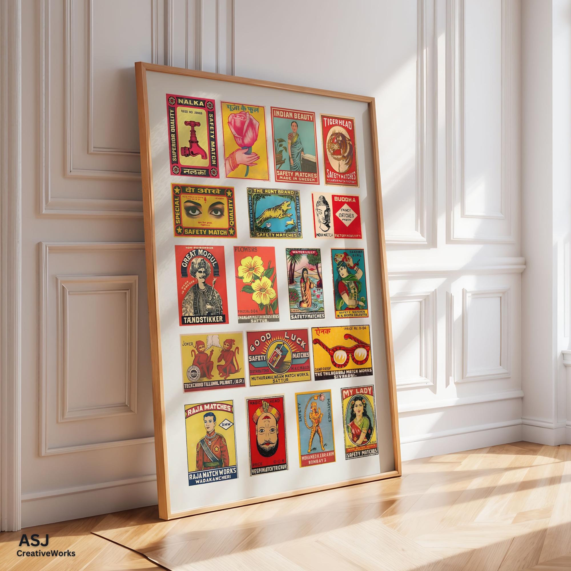 Retro Indian Matchbox Print, Vintage India Wall Art, Colorful Matchbox ...