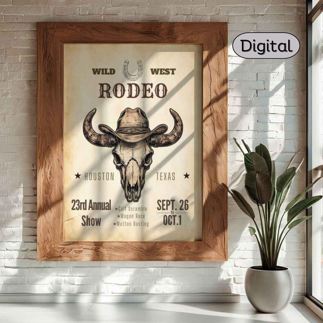 Vintage Rodeo Poster, Cowboy Bull Skull Print, Western Wall Art ...