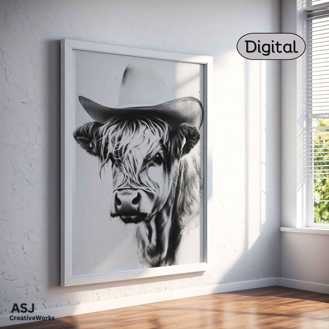 Cowboy Hat Wall Art, Highland Cow Print, Western Farmhouse Decor, Black ...