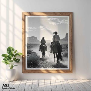 Western Cowboy Poster, Black & White Digital Print, Rustic Desert Wall ...