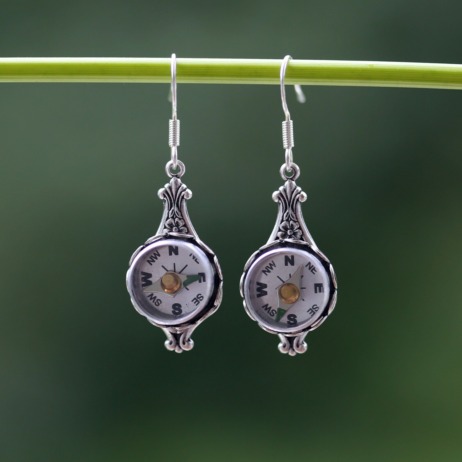 Small Working Compass Earrings in Antiqued Silver Three - Etsy