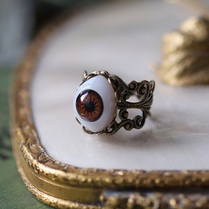 Green Eye Ring in Antique Silver or Brass Vintage Style Adjustable Band ...