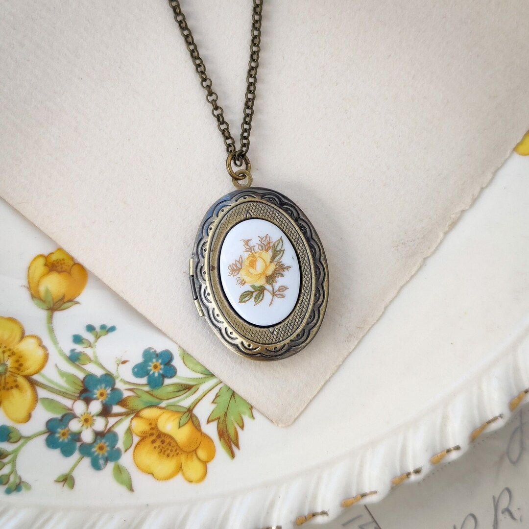Vintage Rose Locket Necklace in Blue Pink or Yellow Antiqued Brass or ...