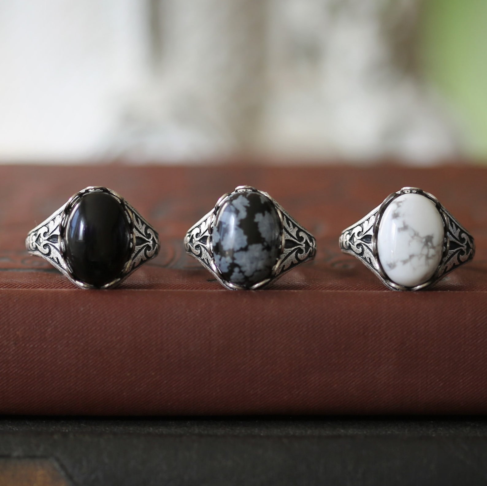 Stone Ring Black Onyx White Howlite or Snowflake Obsidian | Etsy