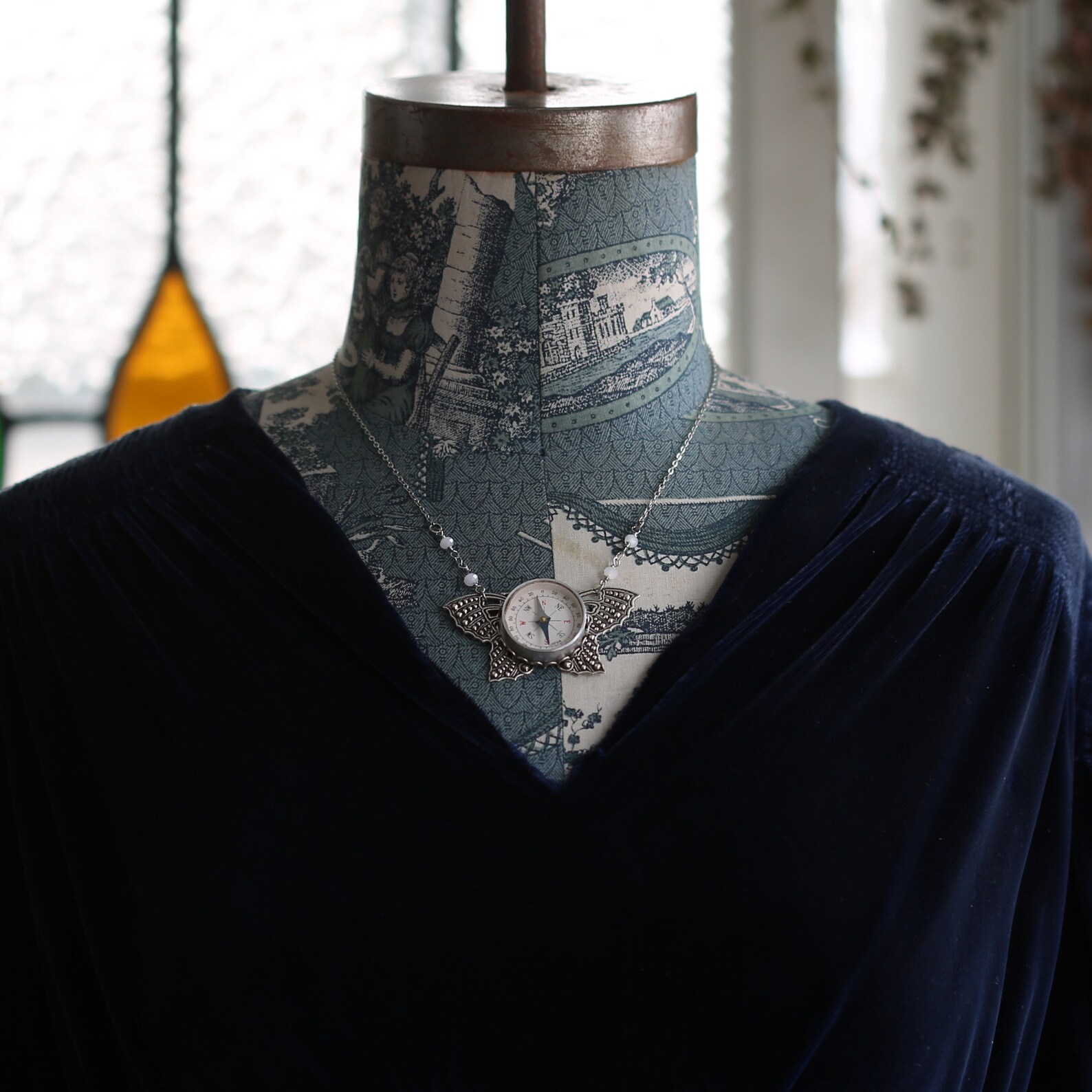 Butterfly Compass Necklace in Antique Silver With White Beads - Etsy